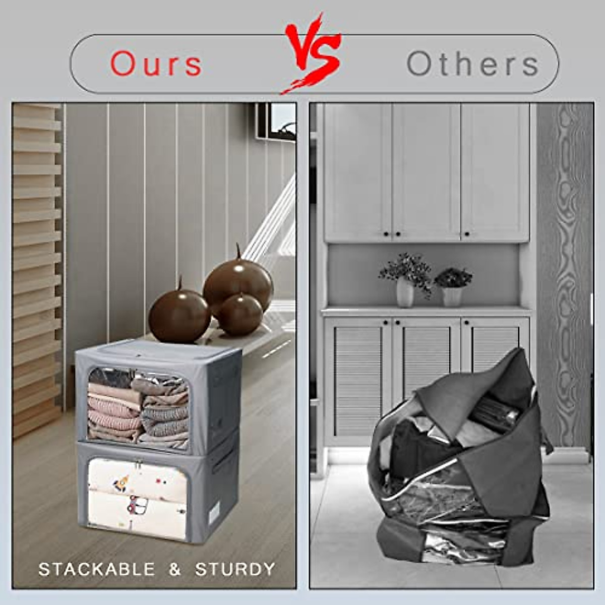 Stackable Clothes Storage Box for Clothing Gadgets,Steel Frame Storage Bins for Bedding Blankets Toys Gift,Foldable Oxford Fabric Closet Organizer Bag Set with Carry Handles and Clear Window (Medium- 40L x3 Pack, Grey)
