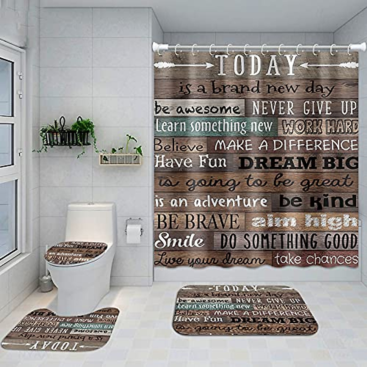 4 Pcs Inspirational Quotes Shower Curtain Set with Non-Slip Rugs, Toilet Lid Cover and Bath Mat, Motivational Words Rustic Wooden Cabin Shower Curtain Bathroom Waterproof Polyester Fabric, 72" x 72"