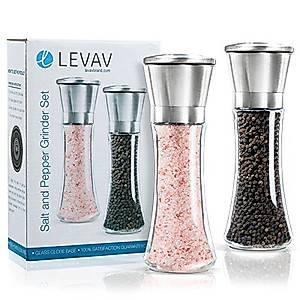 Levav Premium Salt and Pepper Grinder Set of 2 - Brushed Stainless Steel Pepper Mill and Salt Mill, Glass Body, SIze Grade adjustable ceramic rotor-salt and pepper shakers (tall)