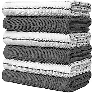 Pack of 6 Premium Bright Kitchen Towels Set - Striped Chef Weave Kitchen Hand Towels - Large, 380 GSM, Extra Absorbent - Dish Towels for Drying Dishes - Cotton Tea Towels - Kitchen Hand Towels - Grey