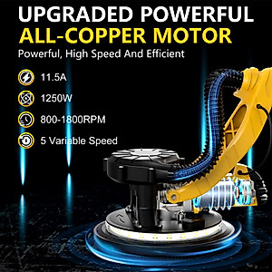 1250W Drywall Sander, 11.5A Electric Drywall Sander with Vacuum Dust Collection, 5 Variable Speed 800-1800RPM, Popcorn Ceiling Removal Tool with Extendable Handle, LED Light, 18pcs Sanding Discs