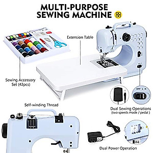 Magicfly Portable Sewing Machines, 12 Built-in Stitches Mini Sewing Machine for Beginner with Reverse Sewing, 3 Replaceable Feet, Extension Table, Accessory Kit, Blue