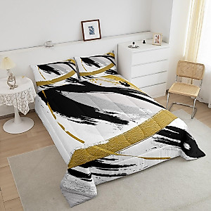 Erosebridal Black Grey Gold Bedding King Brush Strokes Oil Painting Comforter Set, Gradient Abstract Vintage Duvet Insert Ombre Graffiti Down Comforter, Contemporary Modern Bedding Comforter Sets