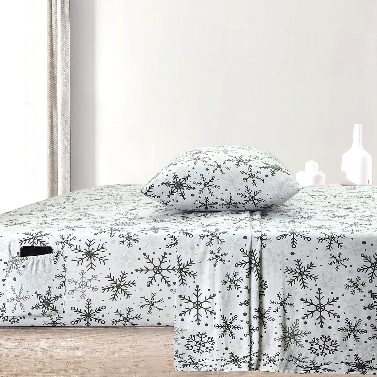 EnvioHome Flannel Sheets Full - 100% Cotton Soft Heavyweight Double Brushed Anti-Pill Flannel Sheets Full Size Bed, 4 Pcs - 16" Deep Pocket Full Size Bed Sheets X2 Side Pockets (Full, Grey Snowflakes)