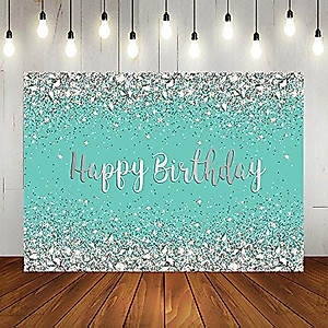Breakfast Blue and Sliver Birthday Photography Backdrop Sweet 16th 21st Shiny Diamonds Background Girls Adult Women Happy Birthday Party Decorations Cake Table Banner Photo Booth Props 7x5ft