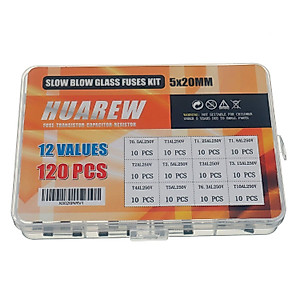 HUAREW 12 Values 120 Pcs 5x20 mm Slow Blow Glass Fuse 0.2 x0.78 Inch 250 V Volt T0.5 T1 T1.25 T1.6 T2 T2.5 T3 T3.15 T4 T5 T6.3 T10 A amp Assortment Kit