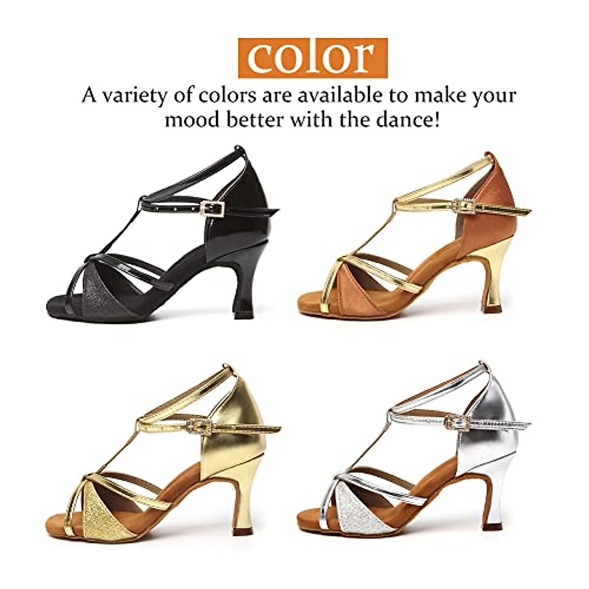 SWDZM Women Satin Latin Dance Shoes T-Strip Ballroom Salsa Chacha Performance Practice Dancing Shoes,809 Heel 3",Silver 7.5 US