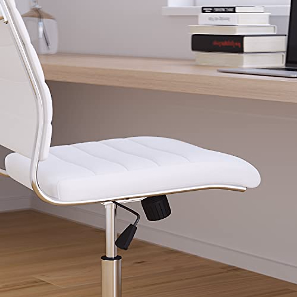 Merrick Lane Corrina White Ergonomic Swivel Office Chair Ribbed Faux Leather Back and Seat Mid-Back Armless Computer Desk Chair with Chrome Base