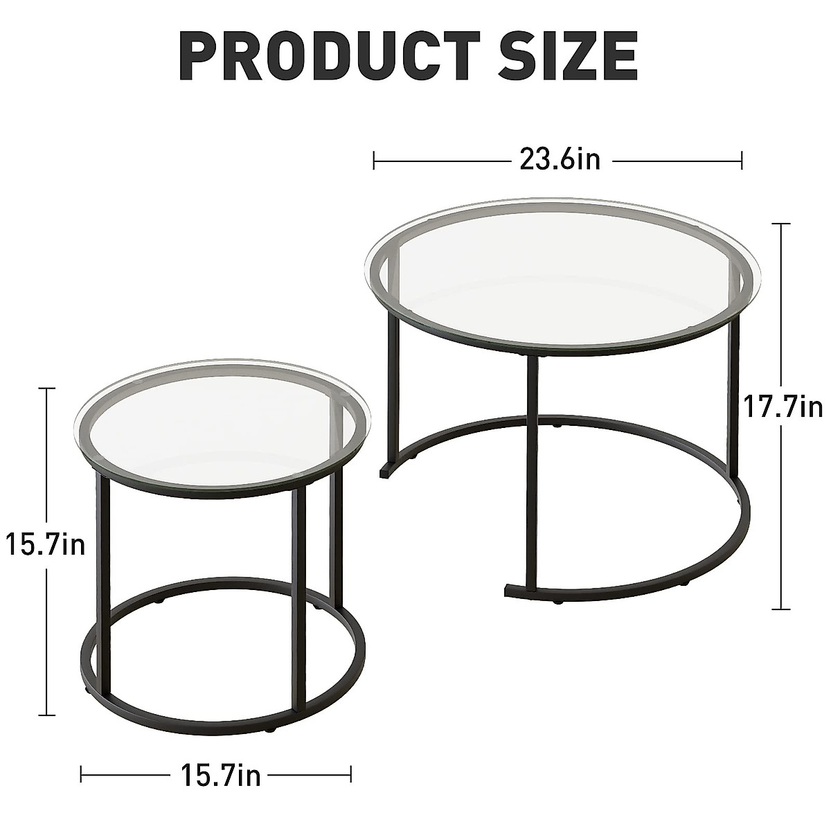Azheruol Nesting Coffee Table Set of 2,Modern Black Tempered Glass Side Table, Metal Frame Round End Table.Small Glass Tea Table for Living Room,Bedroom Studio Apartment Essentials，17.7IN
