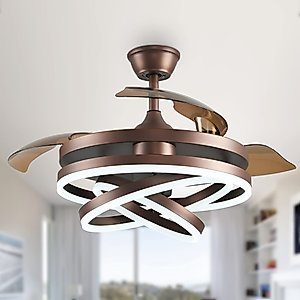 Cusp Barn 42" Retractable Fandelier Ceiling Fan with Lights Remote - Silent Dimmable Modern 6 Speed LED Chandelier Fan for Bedroom Living Room Kitchen