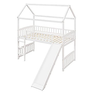 BOVZA Twin Size House Loft Bed with Convertible Slide and Ladder, Low Loft Bed with Roof and Guardrails, Wood Loft Bed Frame for Kids Boys Girls Teens, White
