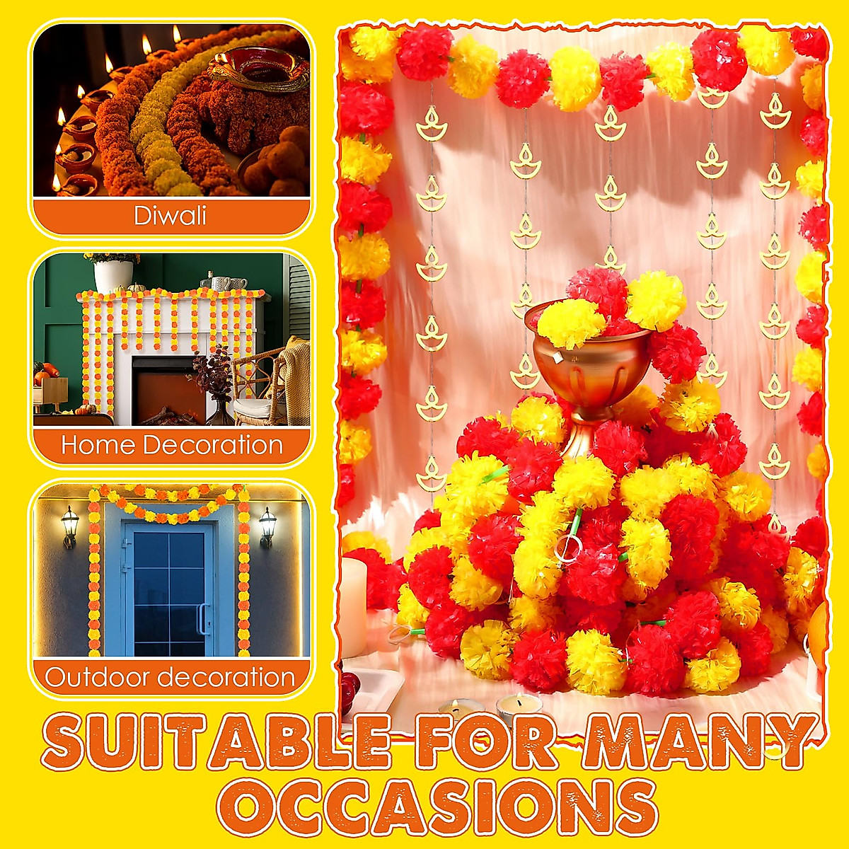 Yunsailing 10 Pcs Diwali Decorations Set Day of The Dead Decorations 5ft Artificial Marigold Garland Flowers and 6.56 ft Diwali Curtain String Lights LED DIY Lights for Indian Home Outdoor Decor