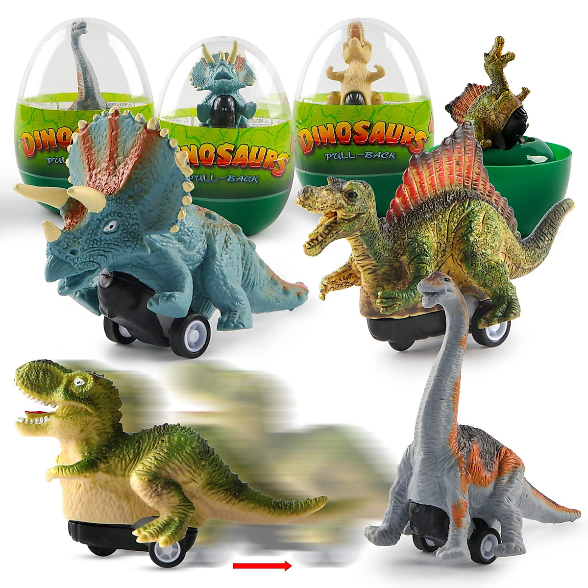 4 Pack Prefilled Easter Eggs with Dinosaur Pull Back Cars, Jumbo Plastic Easter Eggs with Toys Inside for Easter Basket Stuffers, Party Favors Gifts for Toddler Kids Boys Girls