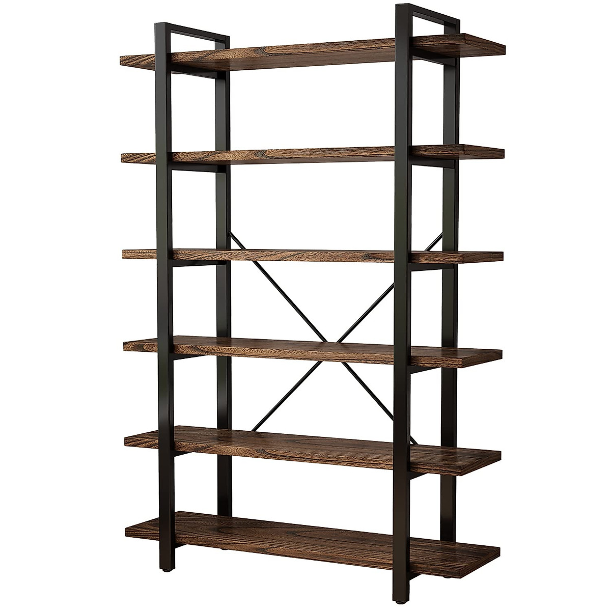AY-AOYUAN Solid Wood Bookcase and Book Shelves Wood and Metal Shelving Unit 5 Tier Bookshelf Modern Rustic Open Bookshelf Office,Distressed Brown (AY-02-6Tier)
