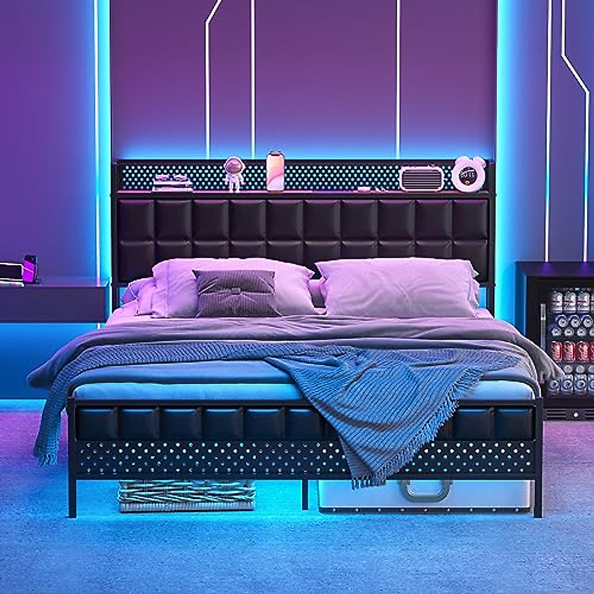 Halitaa Full Size Bed Frame with Headboard and Led Lights,Upholstered Bed Frames with Charging Station,Platform Metal Bed with Storage Shelves,No Box Spring Needed,Easy Assembly