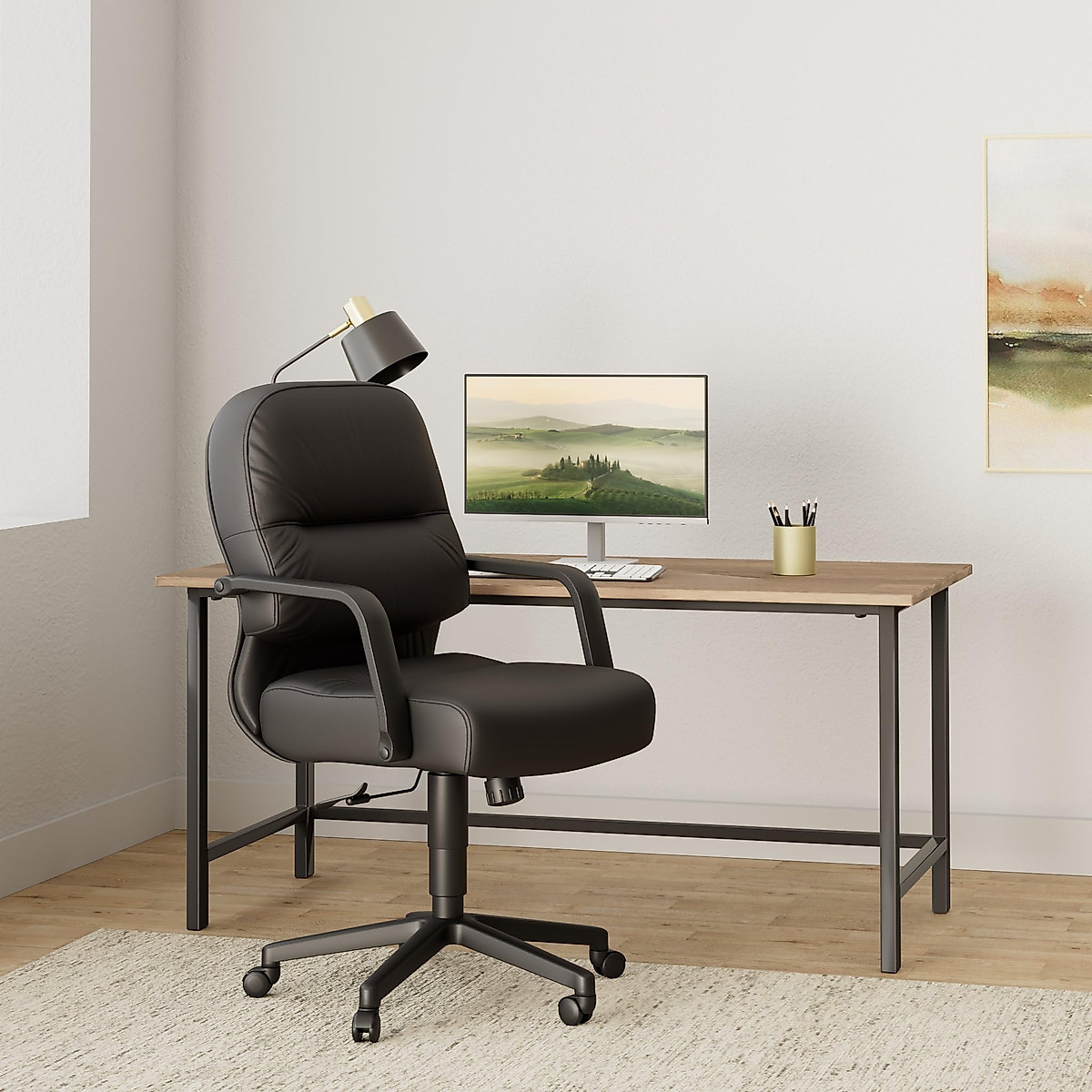 HON Pillow-Soft Mid-Back Chair with Center-Tilt and Fixed Arms, Black