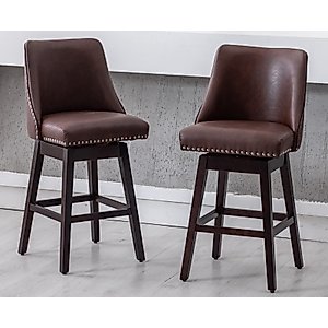 Kmax Leather Counter Height Bar Stools Swivel Farmhouse Bar Stools with Wood Legs Nailhead Footrest for Kitchen Island, Set of 2- Chocolate