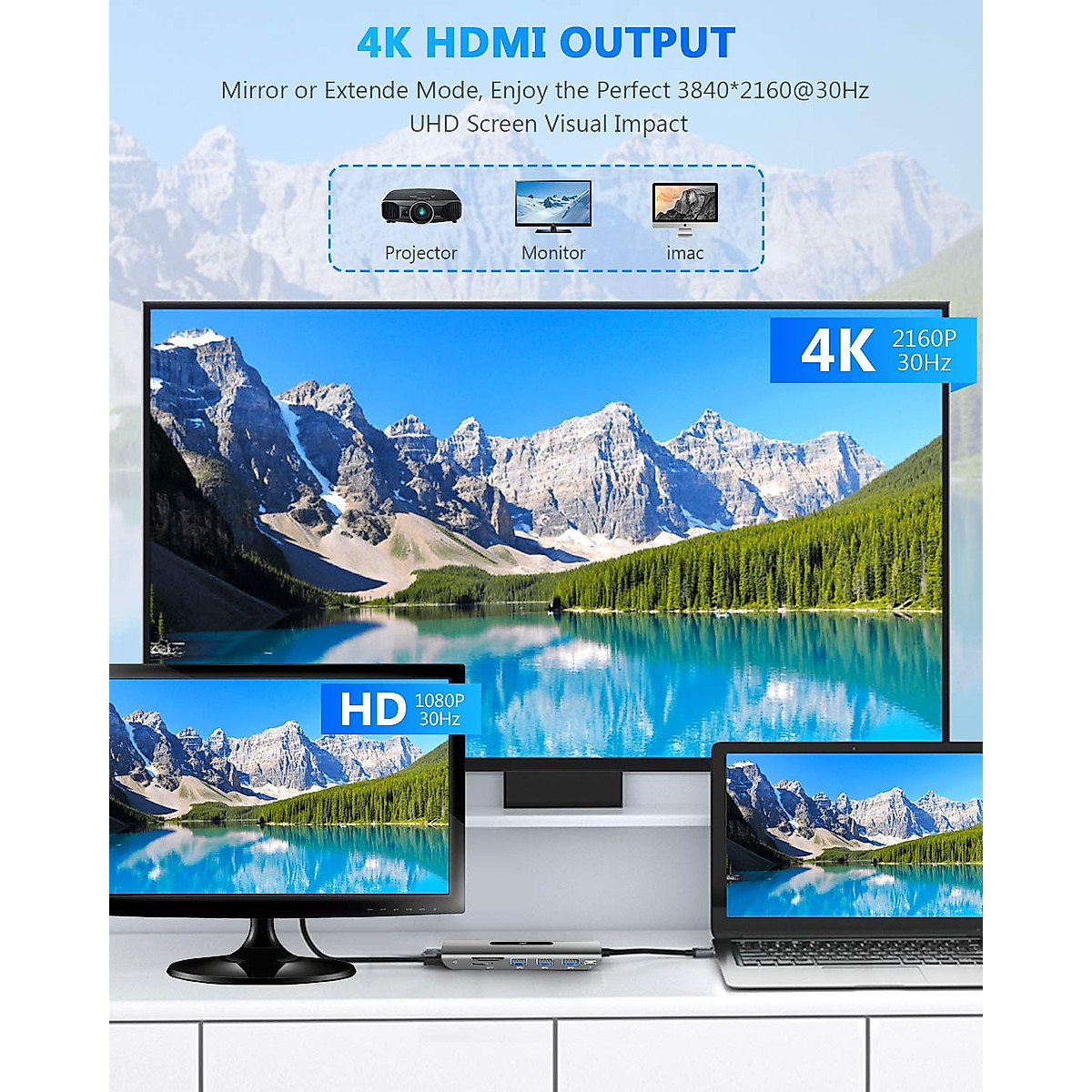 USB C Hub, 7 in 1 USB C to 4K HDMI Adapter with 100W Power Delivery, 3 USB 3.0 Ports, SD/TF Card Readers for MacBook/Pro/Air/iMac/iPad Pro and Type C Laptops Chromebook