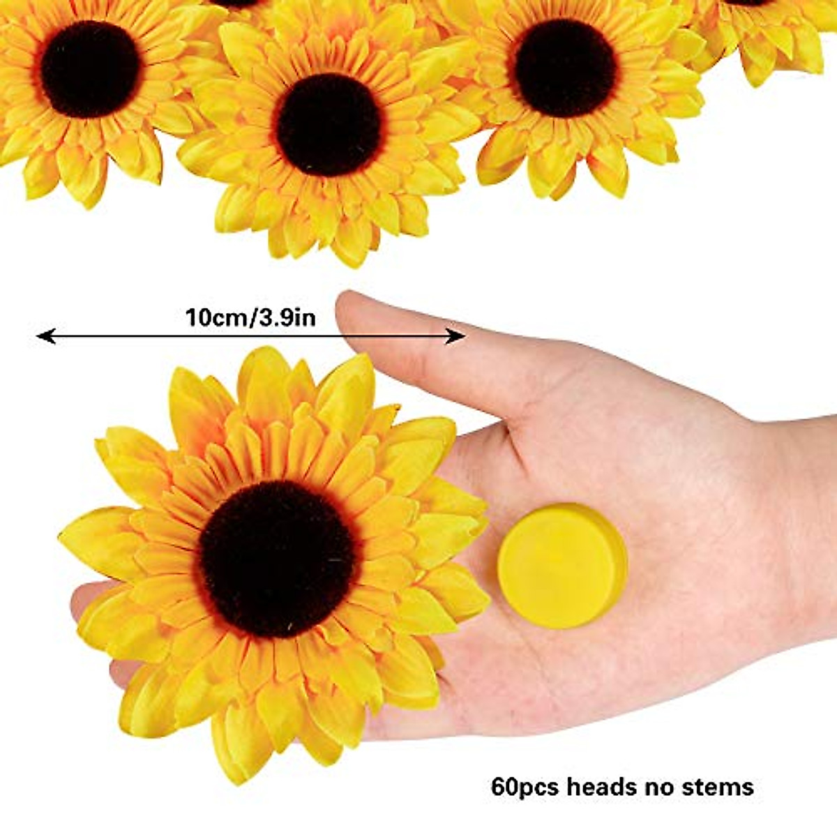 Whonline 60pcs 3.9inch Sunflowers Artificial Flowers, Sunflower Decor, Fake Silk Sunflower Heads for Crafts Christmas Tree Garland Birthday Home Party Decorations