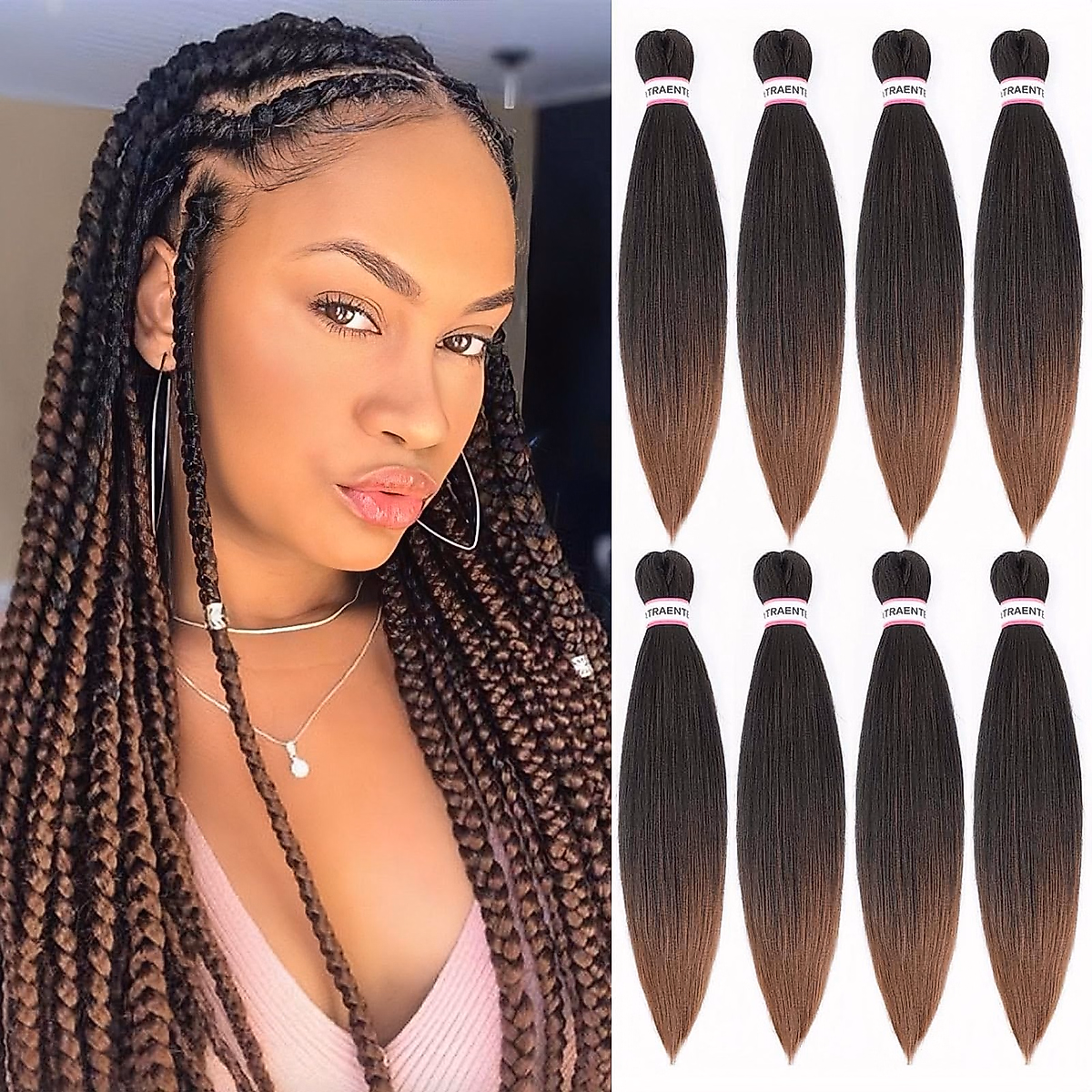 Pre Stretched Braiding Hair,18 Inch 8 Packs Ombre Braiding Hair, Two Tone Yaki Texture Prestretched Crochet Braids Hair Professional Synthetic Hair Extension Itch Free Hot Water Setting (18" T1B/30#)