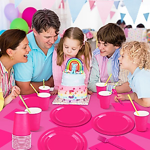 TWOWYHI 229PCS Hot Pink Party Supplies Set - Paper Disposable Plates Cups Plastic Spoons Forks Knives Napkins Serve 30 Guests