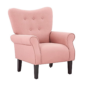 YOLENY Modern Accent Chair,High Back Armchair,Upholstered Fabric Button Single Sofa with Wooden Legs for Living Room,Bedroom,Club,Light Pink