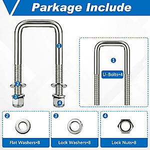 4 Pcs Hotop 304 Stainless Steel Square U-Bolt Boat Trailer U-Bolts with Washers and Nuts l Heavy Duty U Bolt for Sailboat Trailer Automobiles Industrial Part (1/2 D x 2 1/16 W x 4 3/4 Inch)