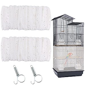 JULMELON 2PCS Bird Cage Seed Catcher Set, Adjustable Large Parakeet Cage Cover White Starry Sky Design - Universal Nylon Mesh Cover for Parakeet, Round and Square Cages with Spring Hook