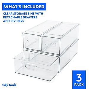 Tidy Tools Clear Refrigerator Organizer Bins For Pantry Organization and Food Storage, Stackable Plastic Storage Bins With Pull-Out Drawer – Kitchen and Pantry Storage Containers, 3 Pack