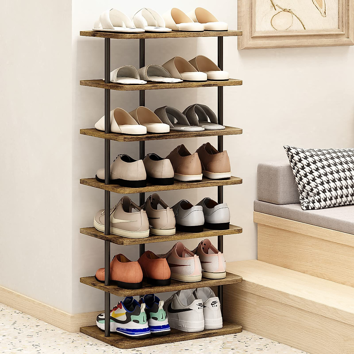 AZERPIAN Shoe Rack 7 Tier Vertical Storage Organizer Double Row Narrow Metal Slim Shelf Modern Free Standing Shoe Tower Saving Space for Closet Entryway Bedroom,Black+Rustic Brown