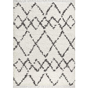 JONATHAN Y MCR102B-8 Mercer Shag Plush Tassel Moroccan Tribal Trellis Geometric Indoor Area-Rug Bohemian Contemporary Easy-Cleaning Bedroom Kitchen Living Room, 8 X 10, Cream/Grey