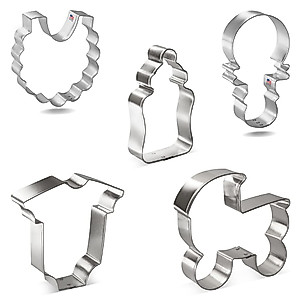 Foose Cookie Cutters Baby Shower Cookie Cutter 5 Piece Set 3.25" Bib, 4" Rattle, 4" Bottle, 4" Baby Body Suit, 4" Carriage, USA