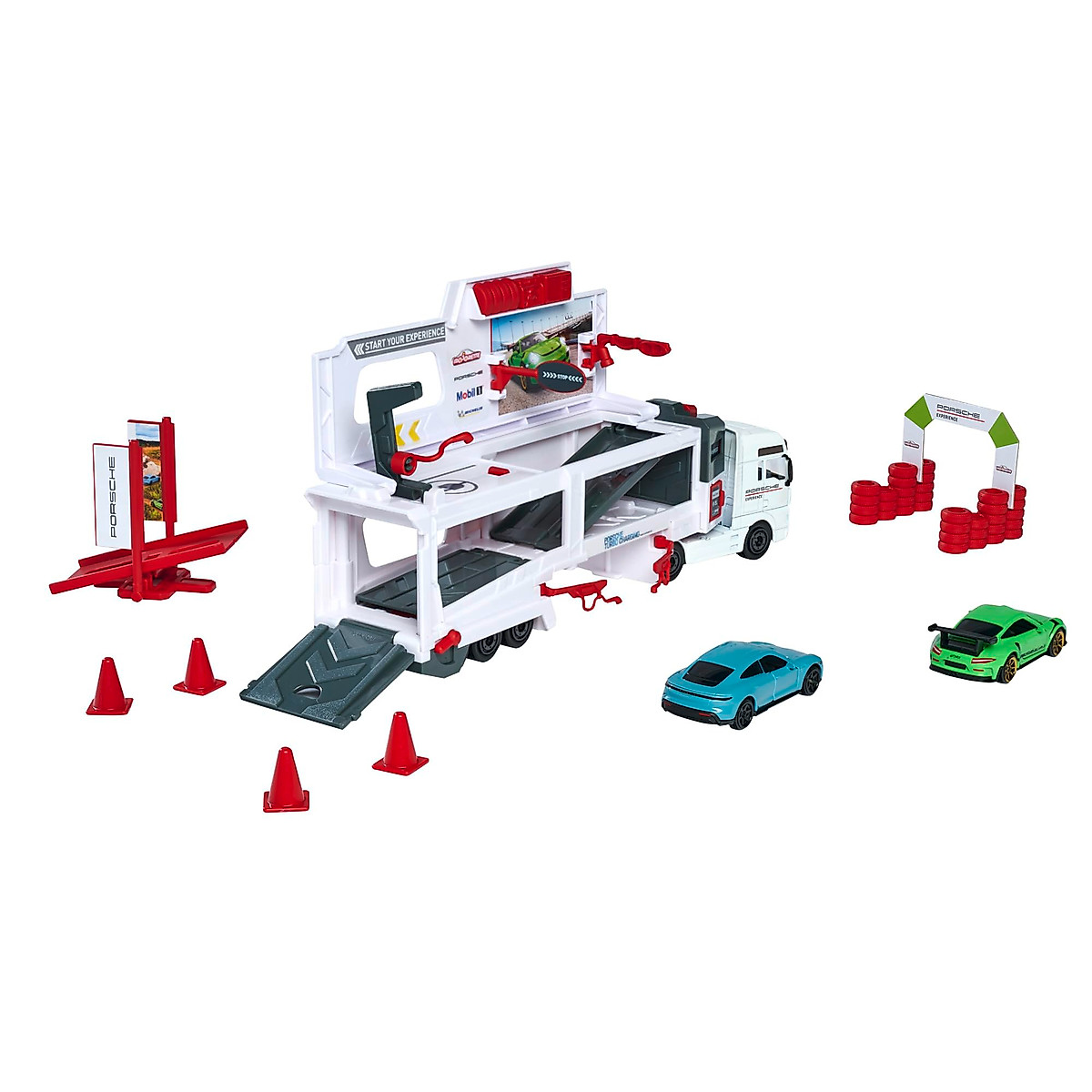 Majorette- Camión Porsche Experience 27cm, Incluye 2 Coches de Metal de 7,5cm, Partes Desplegables y Numerosos Accesorios, Adecuado A Partir de 3 Años, Color (212053304)
