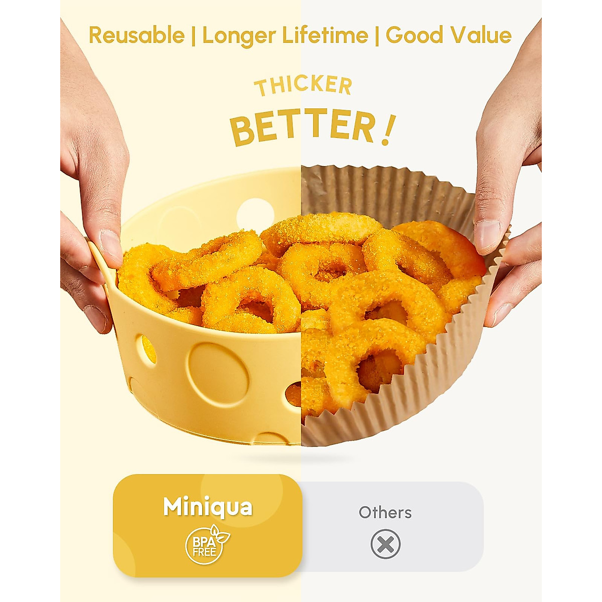 Miniqua Air Fryer Silicone Liners, Reusable Silicone Air Fryer Basket Bowl for 3-5 QT, Food-Grade Silicone Round Air Fryer Liners, Non-stick Silicone Pot Accessories, Yellow(6.8in)