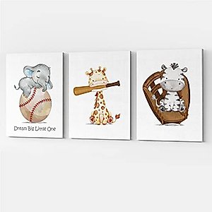 GUBIYU Baseball Nursery Room Decor Baby Boy Sports Canvas Nursery Animal Sports Art Baseball Print Set of 3, Nursery Sports Decor Baseball Posters Wall Decor Sports Themed Room Decor for Boys 12"x16"