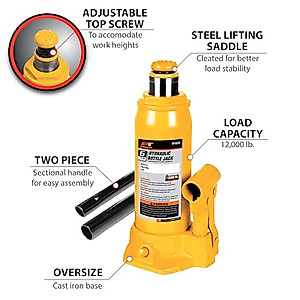 Performance Tool W1625 6-Ton (12,000 lbs.) Heavy Duty Hydraulic Bottle Jack,Yellow
