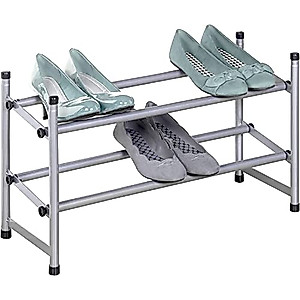 J&V TEXTILES Telescoping Stackable/Expandable Free Standing Shoe Rack, 2-Tier Holds Up To 10-Pair (Silver)