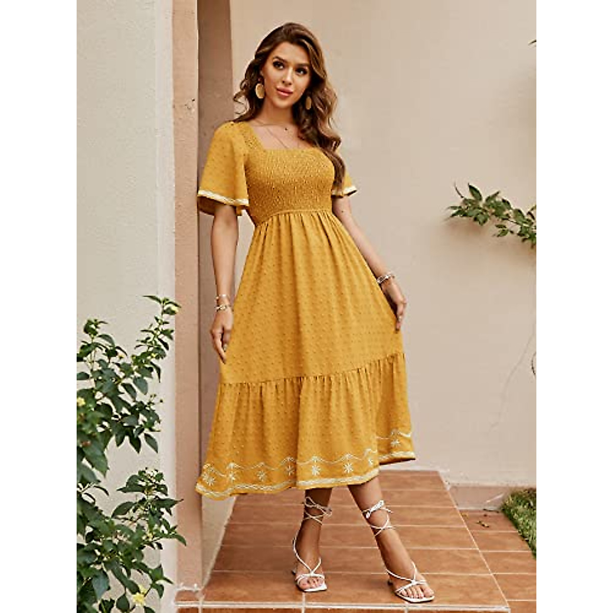 Glamaker Women's Short Sleeve Smocked Square Neck A Line Summer Flowy Midi Dress