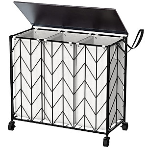 WOWLIVE Laundry Basket with Wheels, 142L Laundry Hamper 3 Section with Lid, Dirty Clothes Hamper with Removable Bags, Large Capacity Iron-Made Laundry Basket Organizer Laundry Sorter for Dorm, Beige