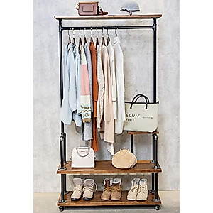 DOFURNILIM Industrial Clothing Rack, Pipe Style Rolling Garment Rack, Heavy Duty Steampunk Clothes Rack, Hall Tree on Wheels with Shelf and Shoes Storage for Home, Retail Store, Rustic Wood