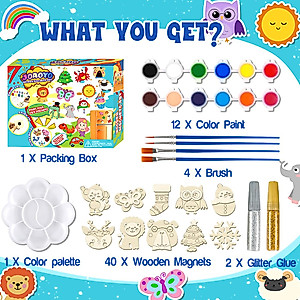 JOAOYO 40 Wooden Magnets DIY Wooden Art Painting Craft Kit for Kids Paint Your Own Wooden Magnets Arts and Crafts Supplies Party Favors for Kids Boys Girls Ages 4 5 6 7 8 9 10 11 12