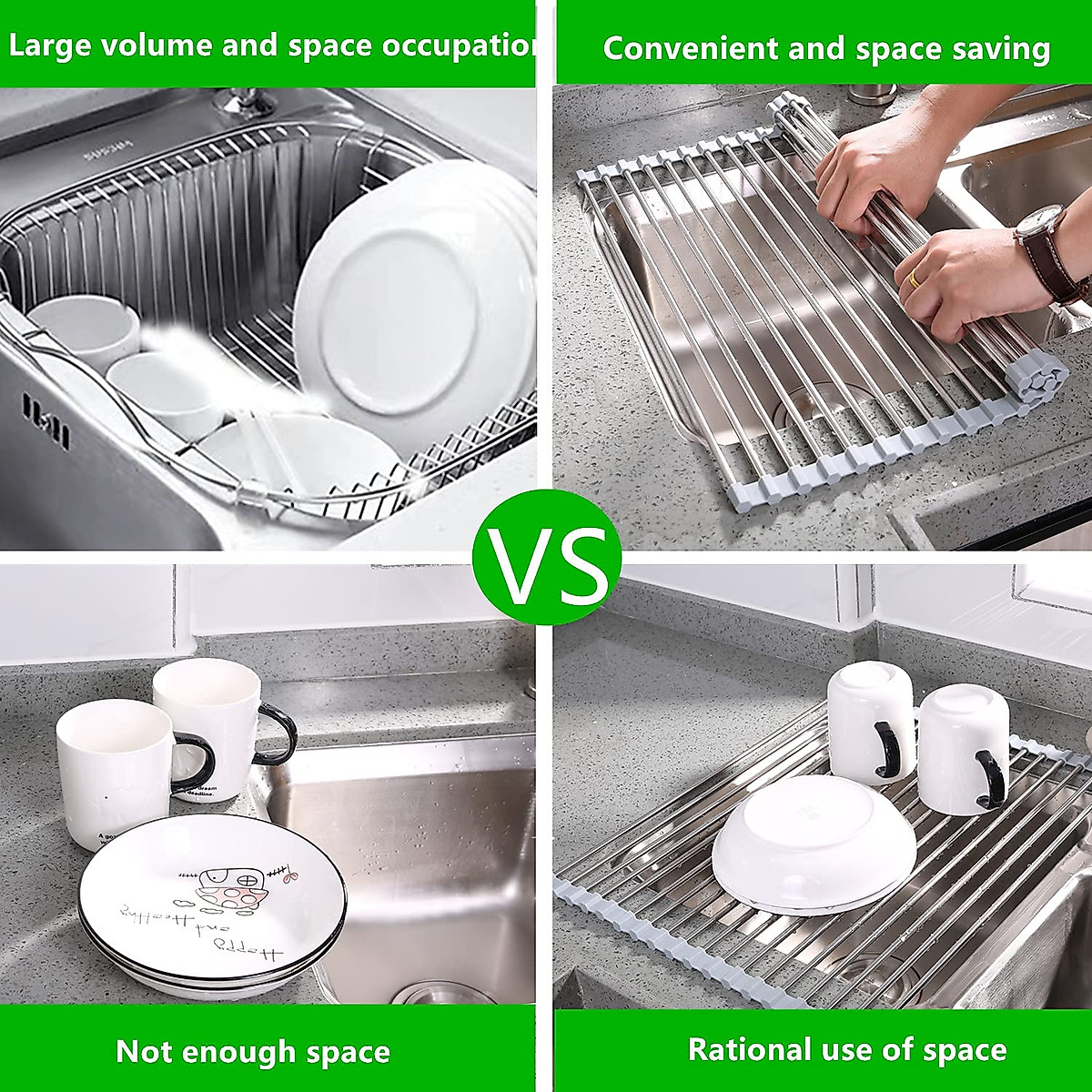 Over The Sink Dish Drying Rack, RidRed Roll up dish rack, High temperature resistance Kitchen Rolling Dish Drainer, Stainless Steel Sink Drying Rack, Foldable Dish Drainer, Gray (17.5 x 11.8)