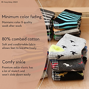 CozyWay Baby Anti Slip Crew Socks 12 Pack with Grips for Toddlers Little Boys Girls Infants Kids Non Skid Sox