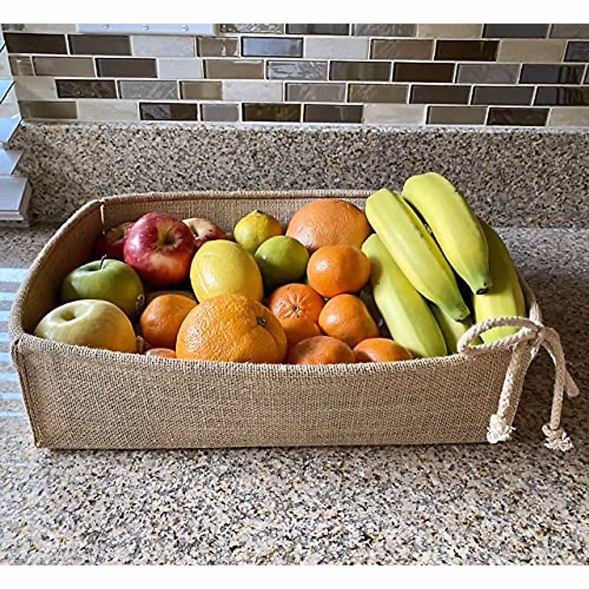 Decorative Basket Rectangular Burlap Fabric Storage Bin Collapsible Organizer for Home, Decor and Gifts (Large 14 x 9.75 x 4 inches)