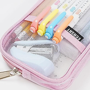 ECHSRT Mesh Pencil Case for Girls With Zipper, Grid Clear Pencil Pouch for Kids Students Teens Boys Adults, Small Transparent Pen Bag for School Office Travel, Pink
