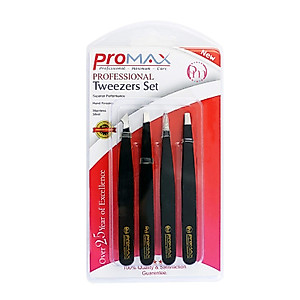 ProMax Care EyeBrow 4-piece Tweezers Set - Stainless Steel Slant Tip and Pointed Eyebrow Tweezer Set - Great Precision for Facial Hair, Ingrown Hair, Splinter, Blackhead and Tick Remover - 40-9049B4P