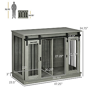 PawHut Dog Crate Furniture with Divider, Dog Crate End Table for Small to Large Dogs, Large Indoor Dog Kennel with Double Doors, 47" W x 23.5" D x 35" H, Gray