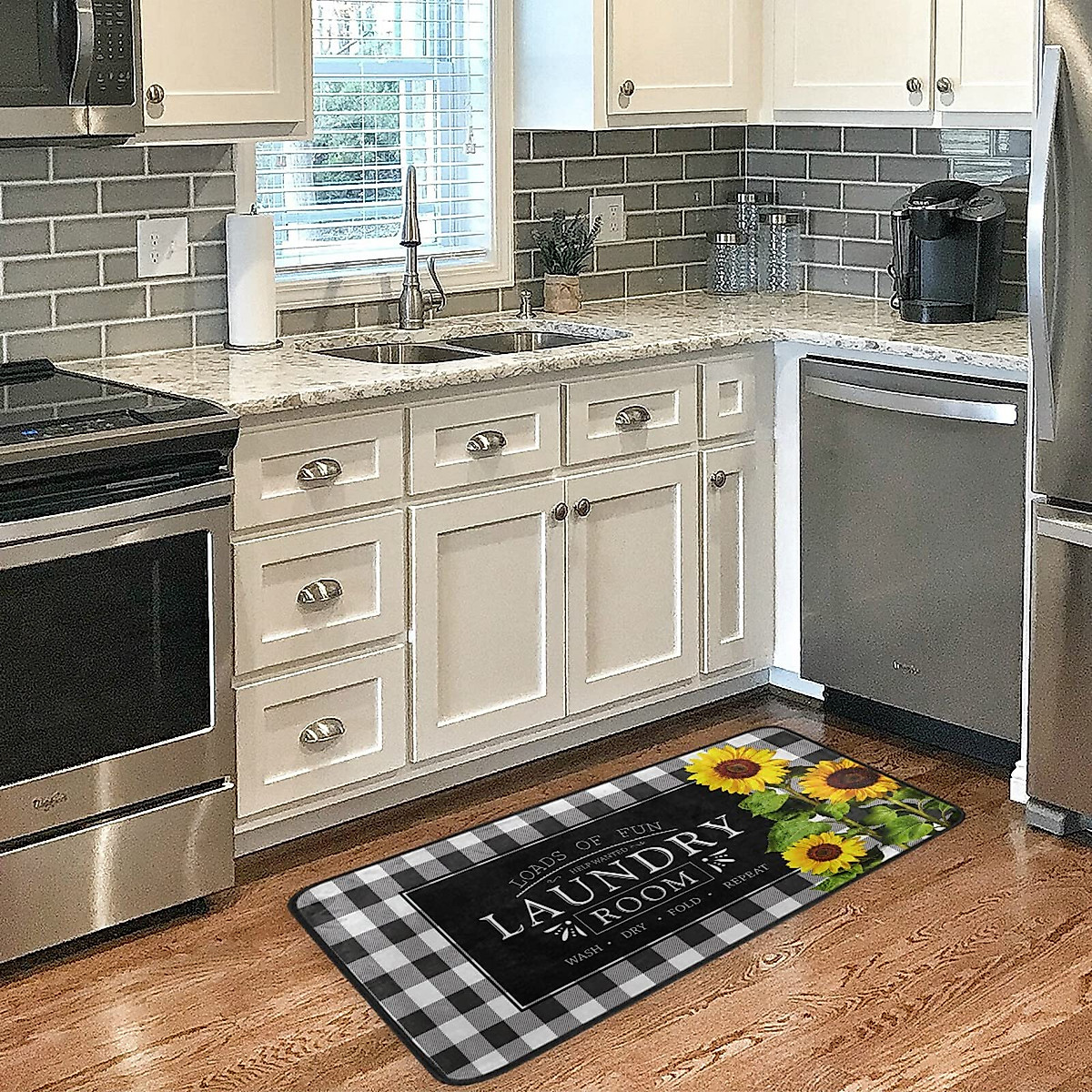 Black White Buffalo Plaid Laundry Room Rugs Sunflower Non Slip Laundry Mats Farmhouse Kitchen Floor Mat Bathroom Laundry Room Decor Accessories 39" X 20"