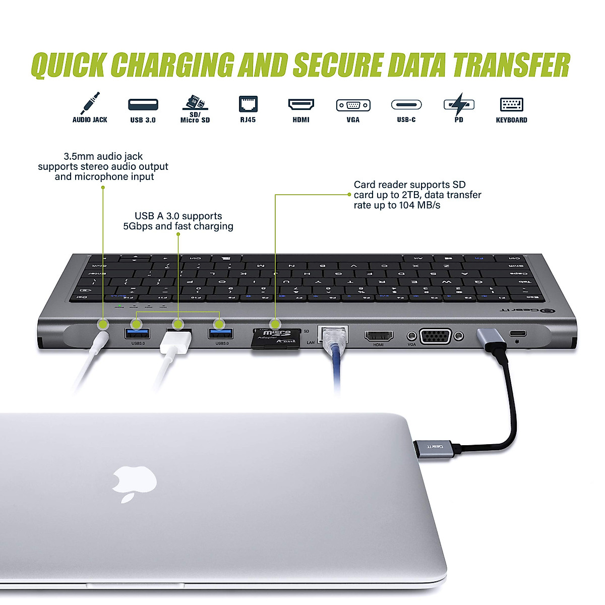 GearIT Keyboard 11-in-1 Hub Docking Station USB-C PD 100W | USB-C 3.1 | x3 USB-A 3.1 | HDMI 4K | SD and MicroSD 3.0 | VGA | RJ45 Ethernet | 3.5mm Audio