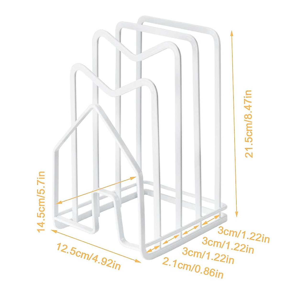 Hikinlichi Cutting Board Holder Rack 2 Adhesive Hooks 304 Stainless Steel Hooks Kitchen Countertop Chopping Board Organizer Stand Pots Pan Lids Rack 4.92 x 5.7 x 8.46 in. White